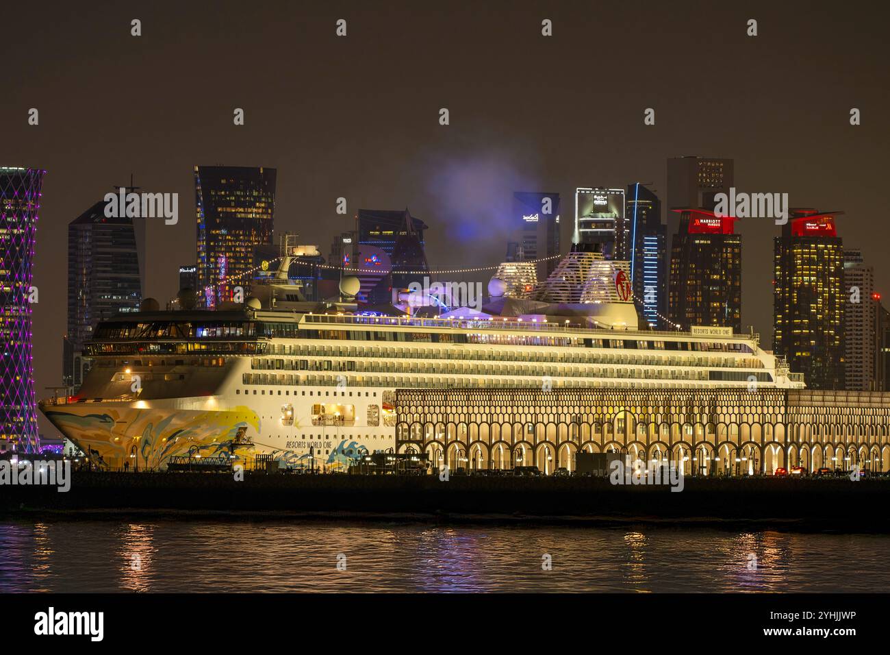Beautiful Doha Skyline at night from Beach 974 Doha Qatar Stock Photo ...