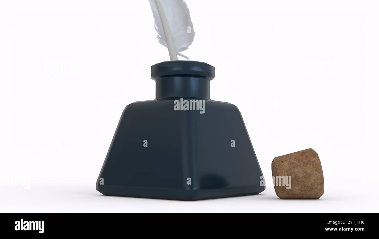 ink bottle with feather and cork with white background Stock Photo - Alamy