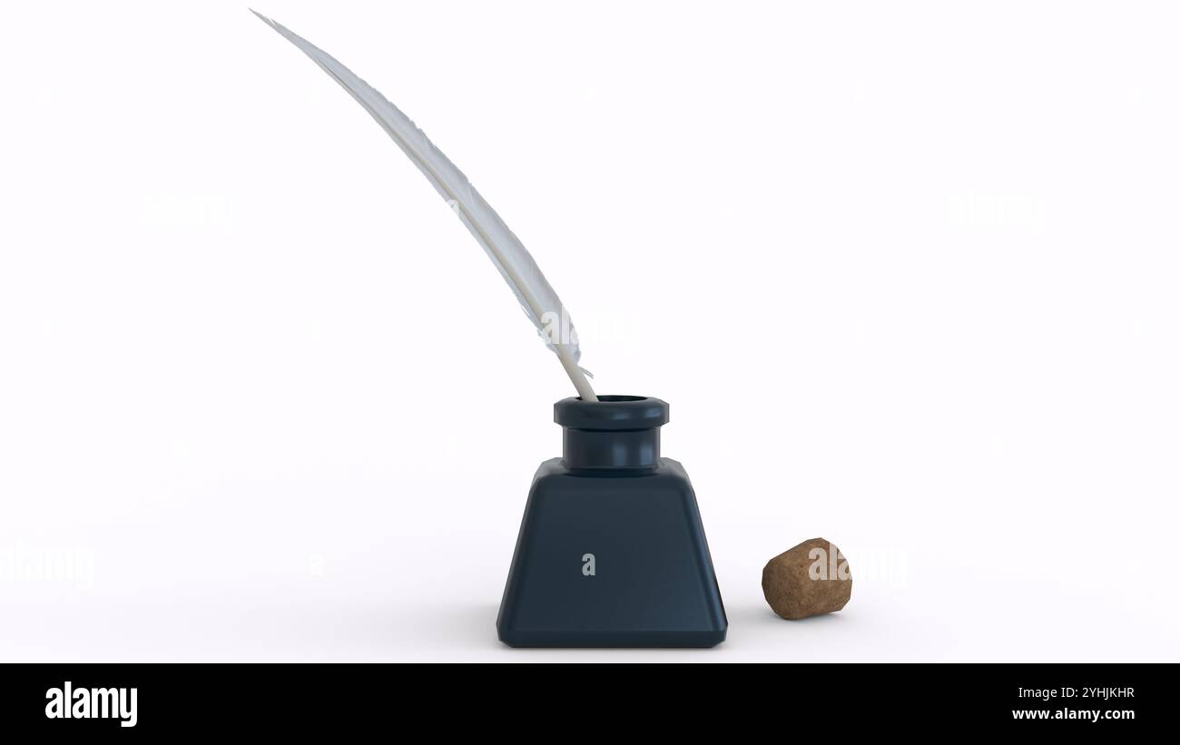 ink bottle with feather and cork with white background Stock Photo - Alamy