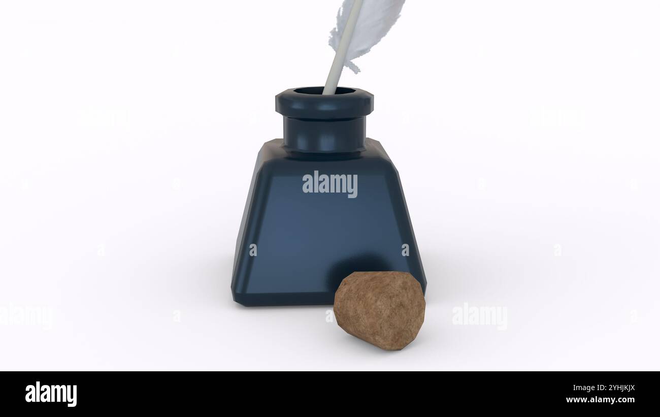 ink bottle with feather and cork with white background Stock Photo - Alamy
