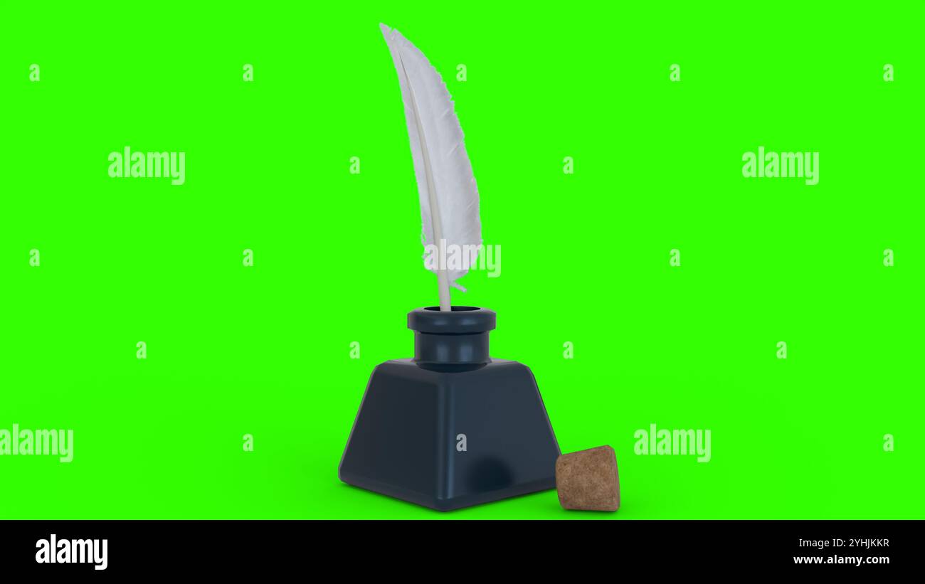 ink bottle with feather and cork with green background Stock Photo - Alamy