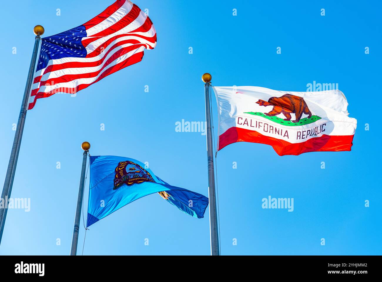 Three flags in front of Beverly Hills City Hall. Los Angelos ...