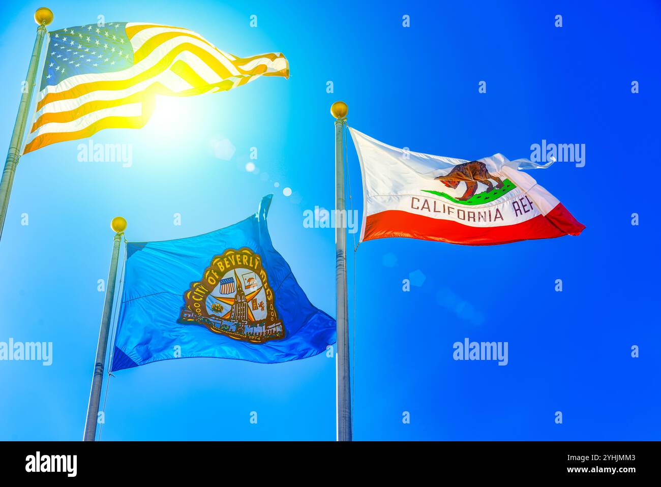 Three flags in front of Beverly Hills City Hall. Los Angelos ...