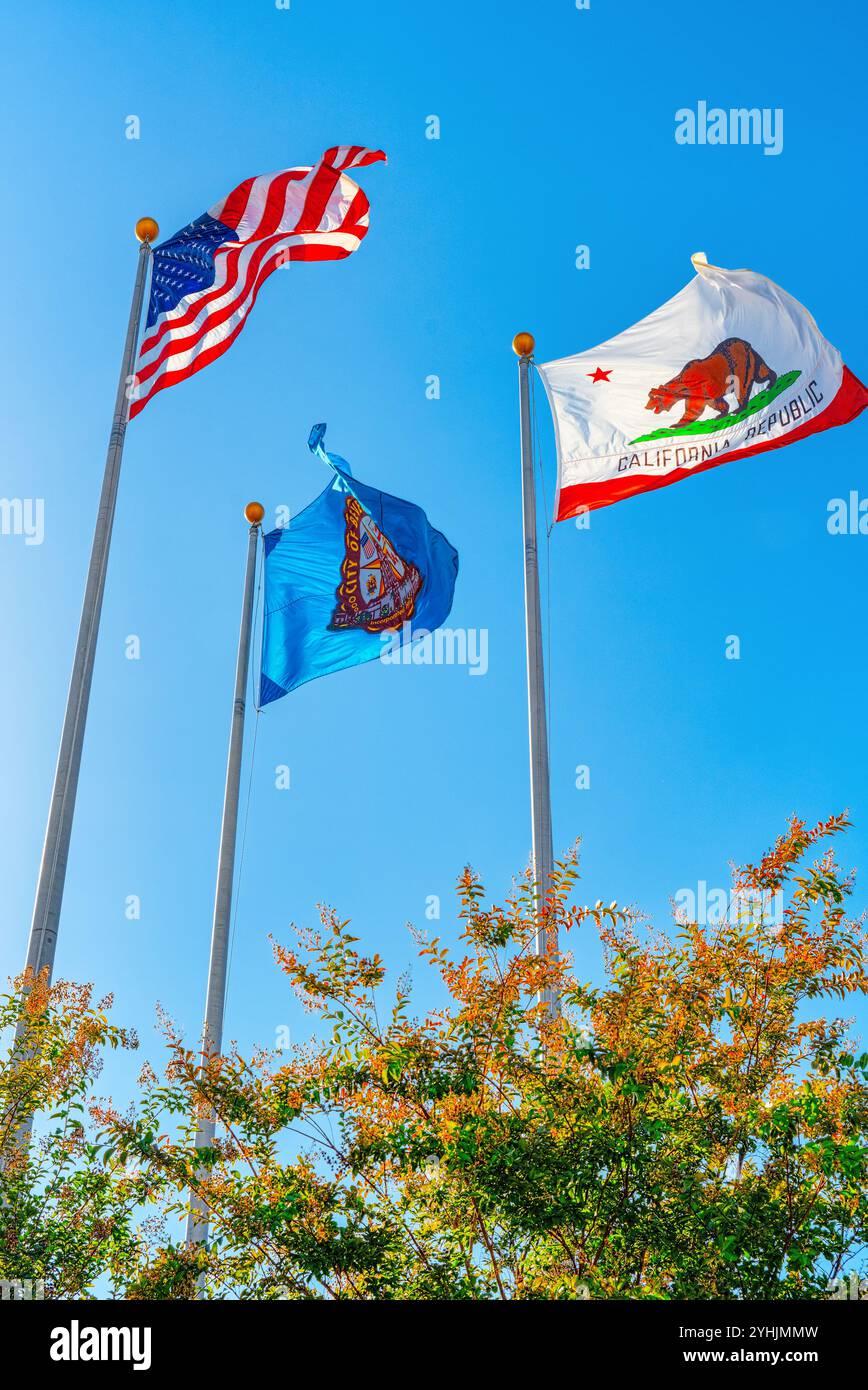 Three flags in front of Beverly Hills City Hall. Los Angelos ...