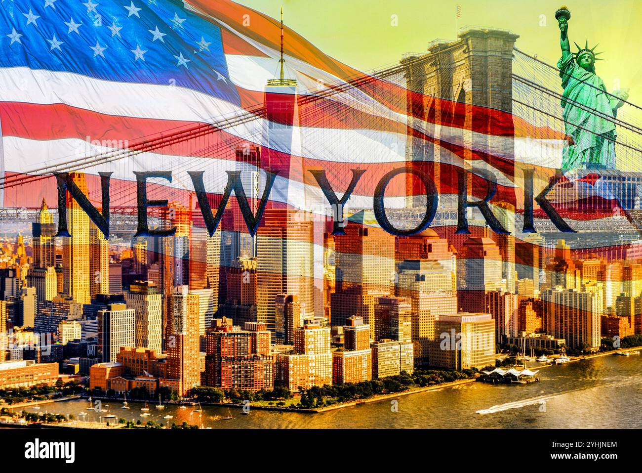 Fly over, view of New York and Lower Manhattan from a bird's eye view ...