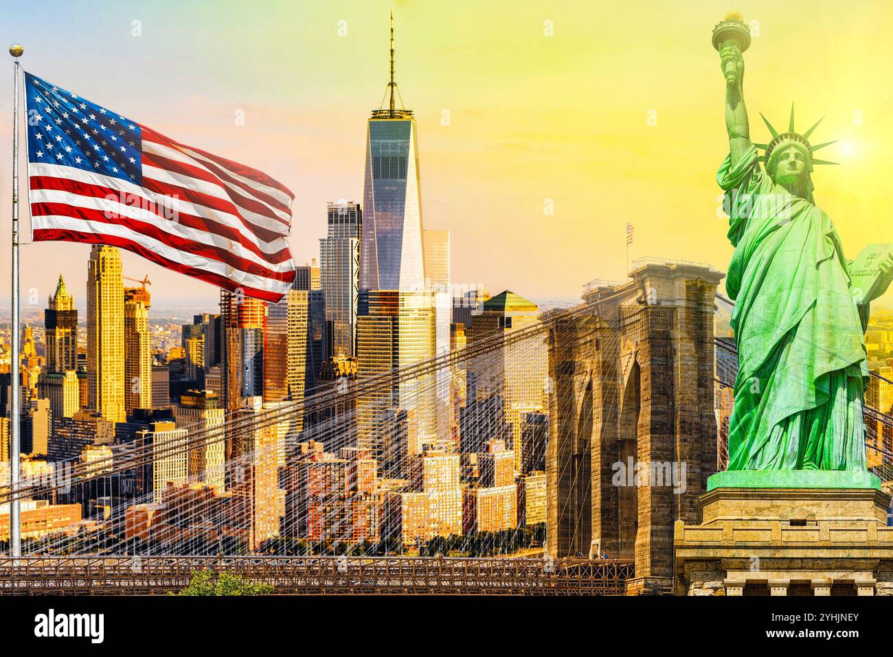 Fly over, view of New York and Lower Manhattan from a bird's eye view ...