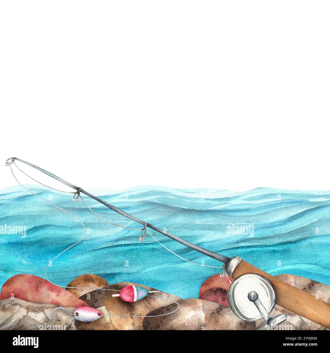 River bank. Blue water and pebbles. Fishing rod, a bobber and a ...