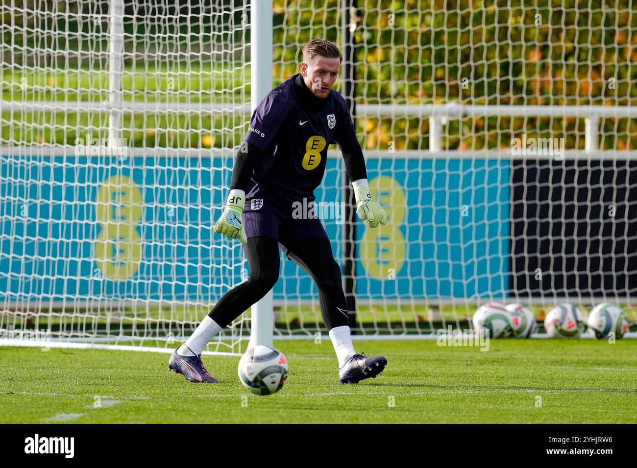England goalkeeper Jordan Pickford during a training session at St ...