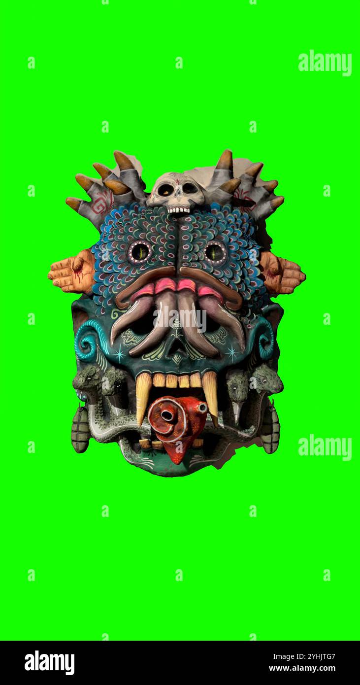 painted tiki mask with green background Stock Photo - Alamy