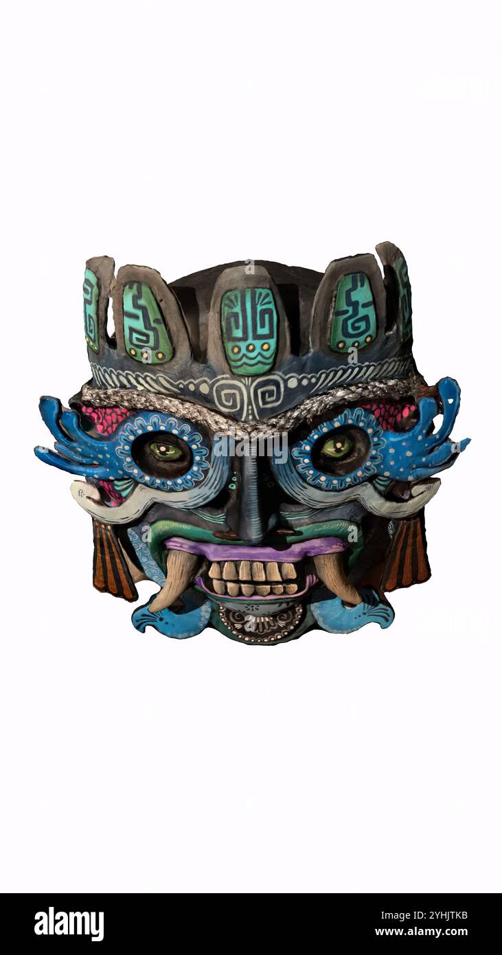 wooden painted tiki mask with white background Stock Photo - Alamy