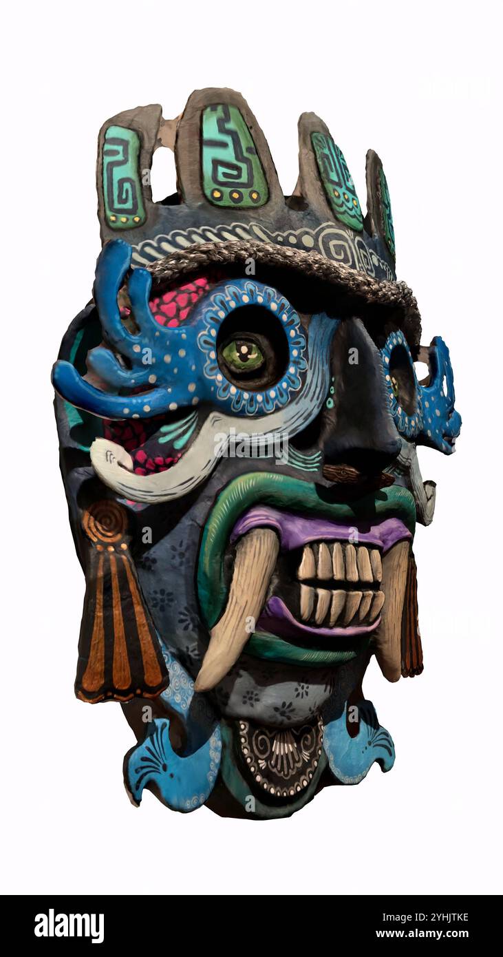 wooden painted tiki mask with white background Stock Photo - Alamy