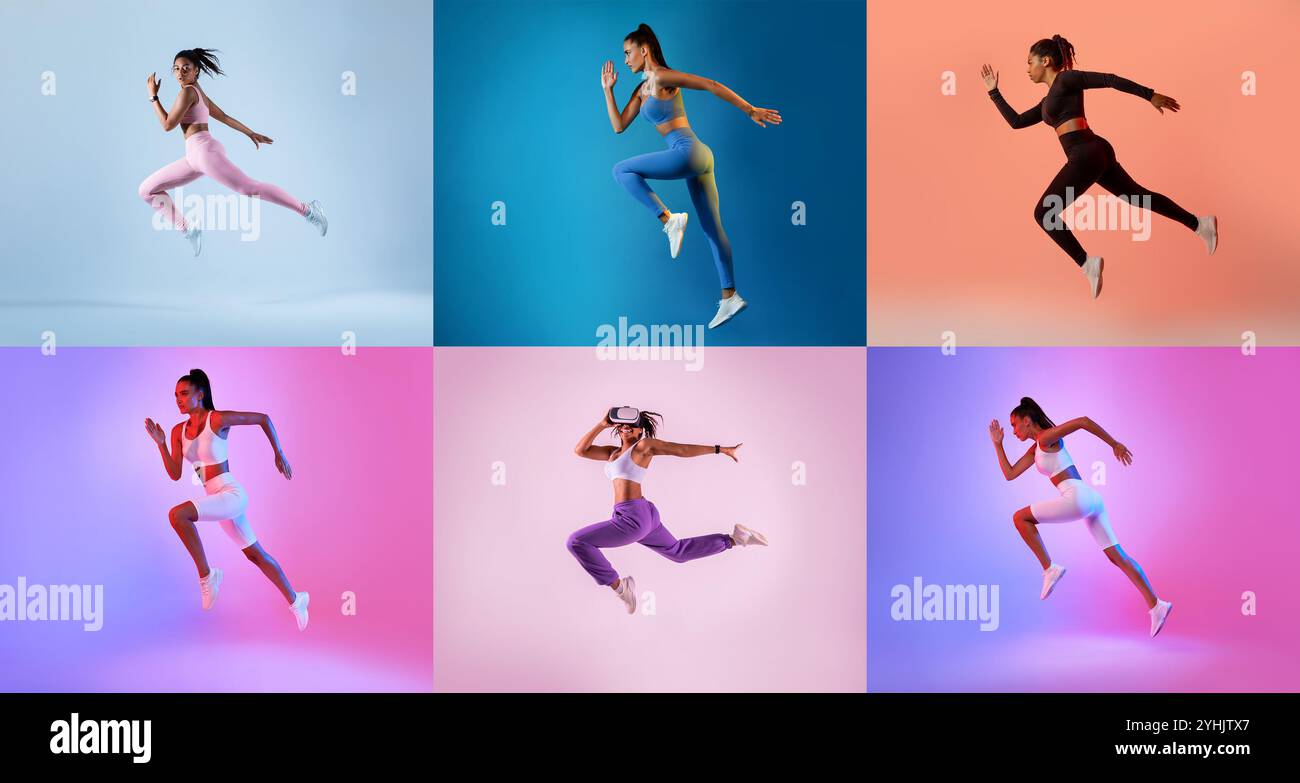 Dynamic fitness models showcasing athletic wear in vibrant colored ...