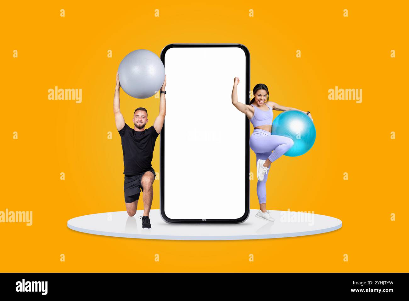 Fitness lovers posing with exercise balls in a vibrant setting Stock ...