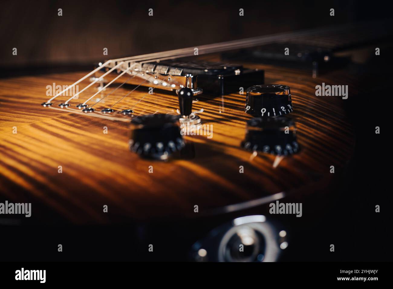 Electric guitar bridge, strings and pickup detail close-up Stock Photo ...