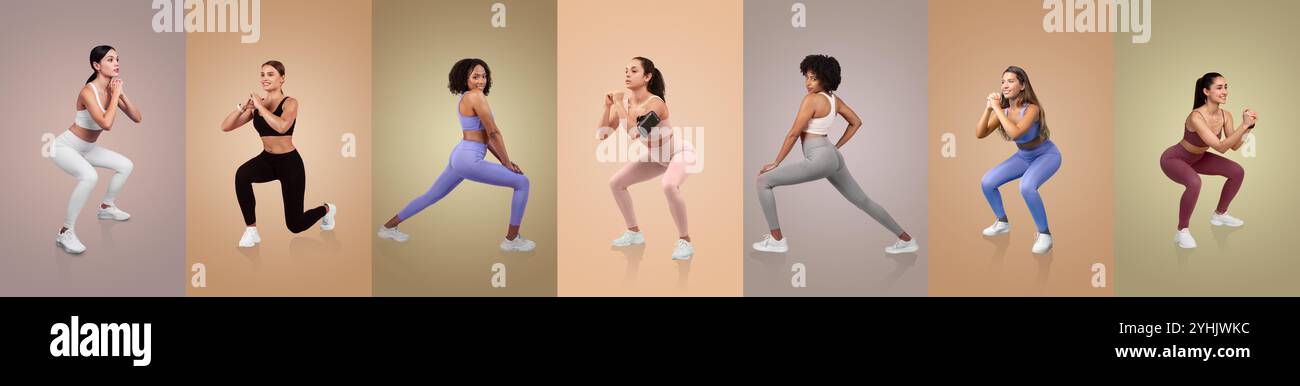Diverse group of women performing various squats in activewear indoors ...