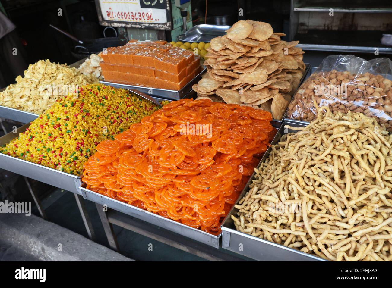 Jalebi and namkeen on display at a shop in Bhavnagar, Gujarat, india ...