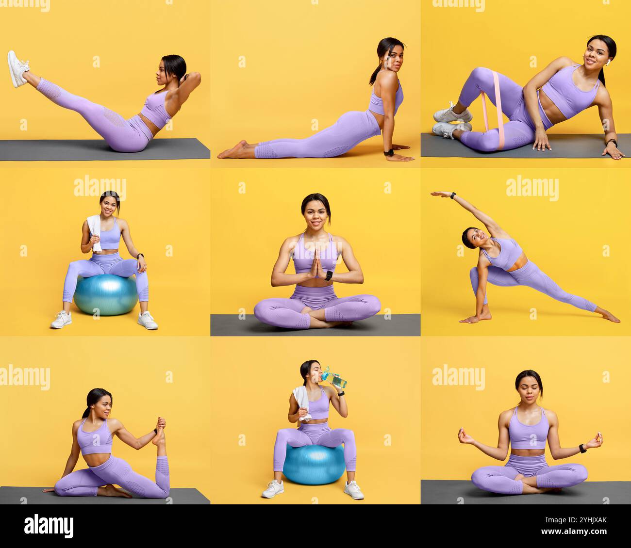 Fitness enthusiast practicing various exercises in a studio setting ...