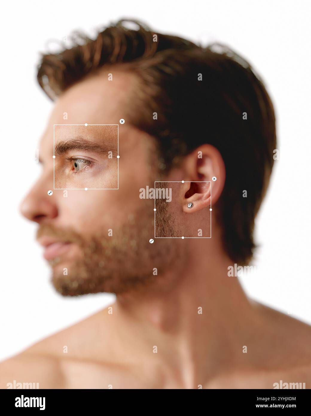 Soft-focus portrait of male side profile with natural skin texture ...