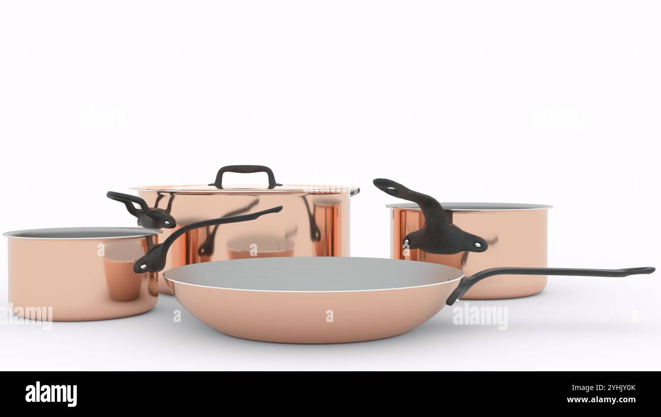 copper pots and pans with white background Stock Photo - Alamy