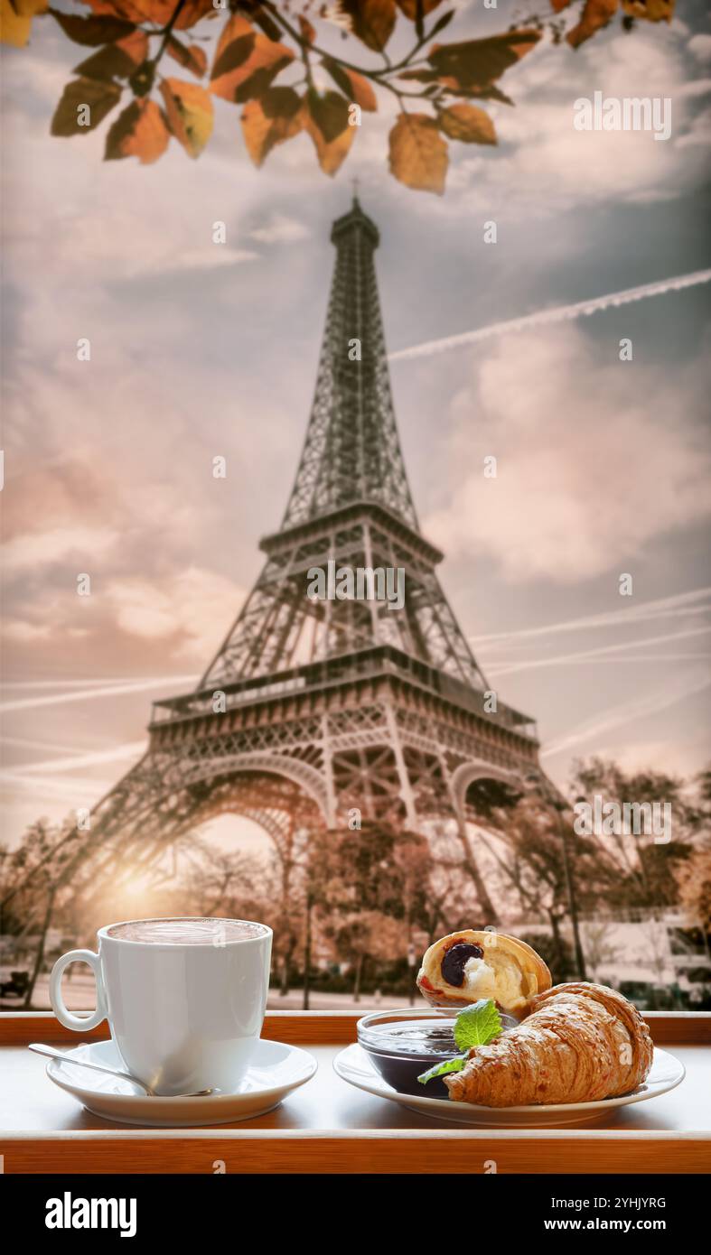 Coffee with croissants with symbol of Eiffel Tower in Paris, France Stock Photo - Alamy