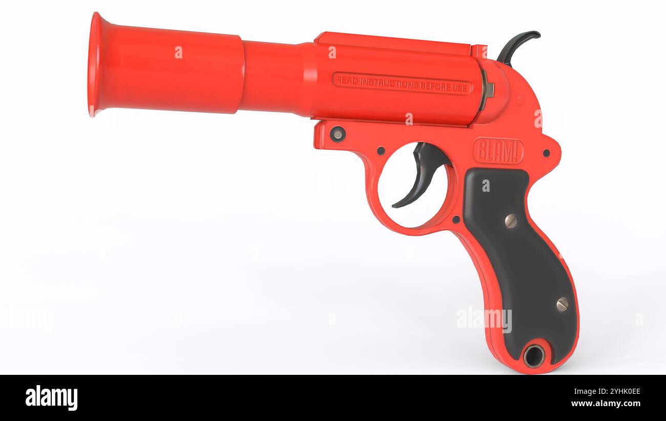 Red flare gun and ammo with white background Stock Photo - Alamy