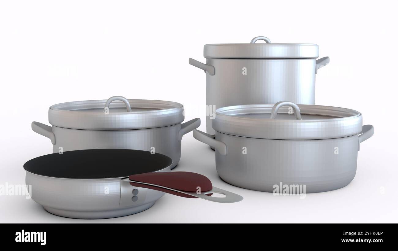 frying pan and pots with white background Stock Photo - Alamy
