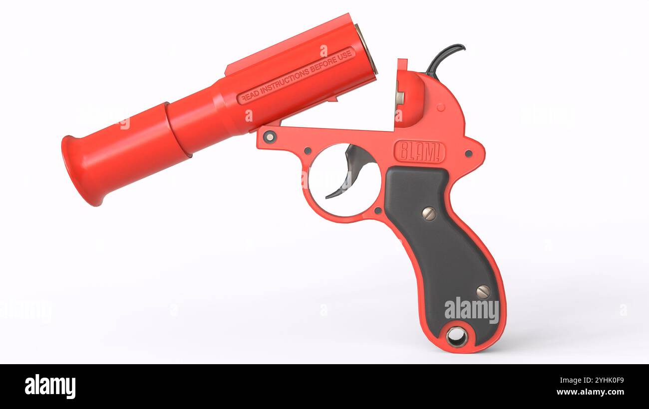 Red flare gun and ammo with white background Stock Photo - Alamy