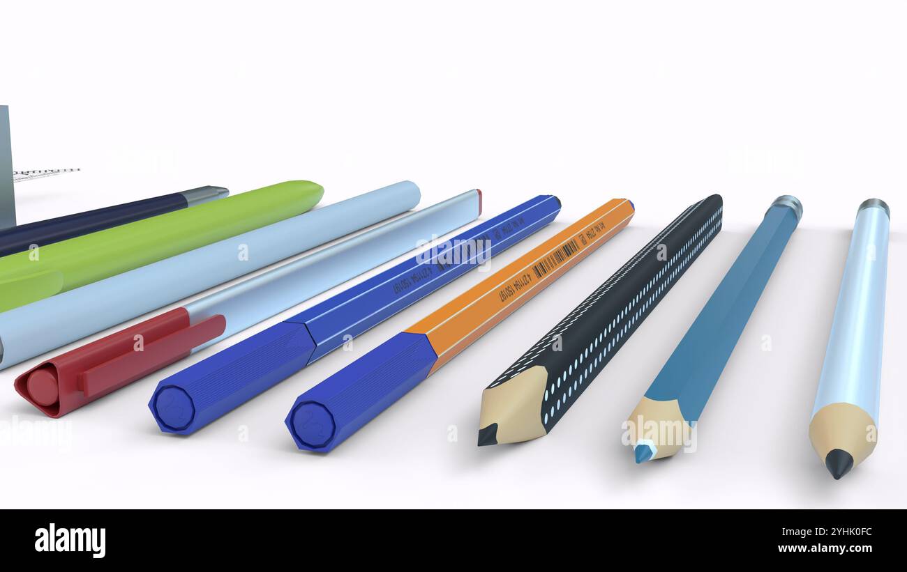Assorted pens and pencils with white background Stock Photo - Alamy