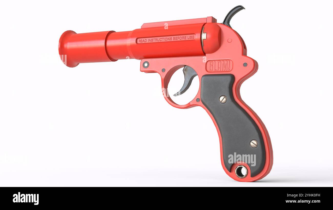 Red flare gun and ammo with white background Stock Photo - Alamy