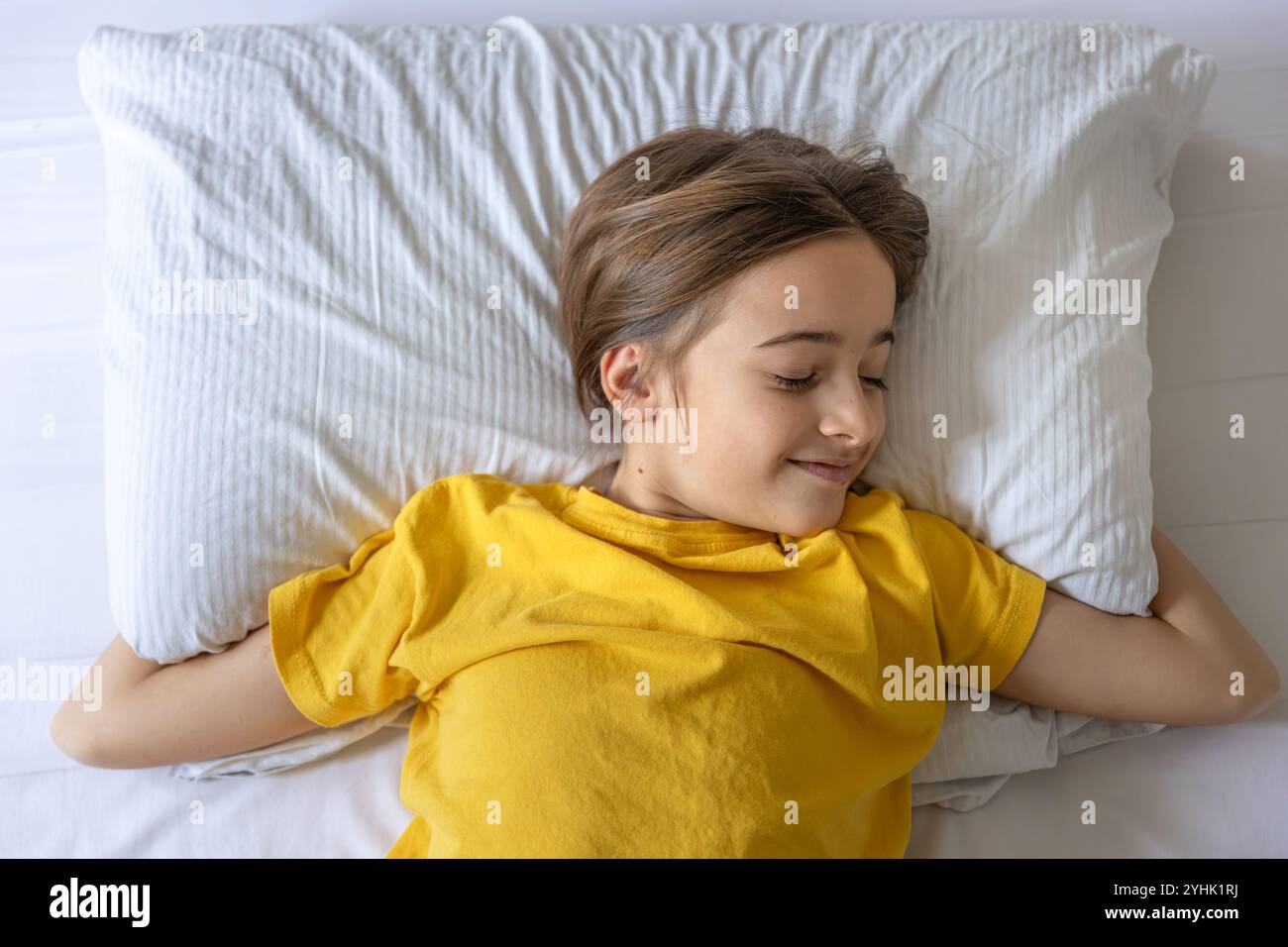 Calm beautiful girl sleeping in bed. Sleep concept. Calmly at home ...