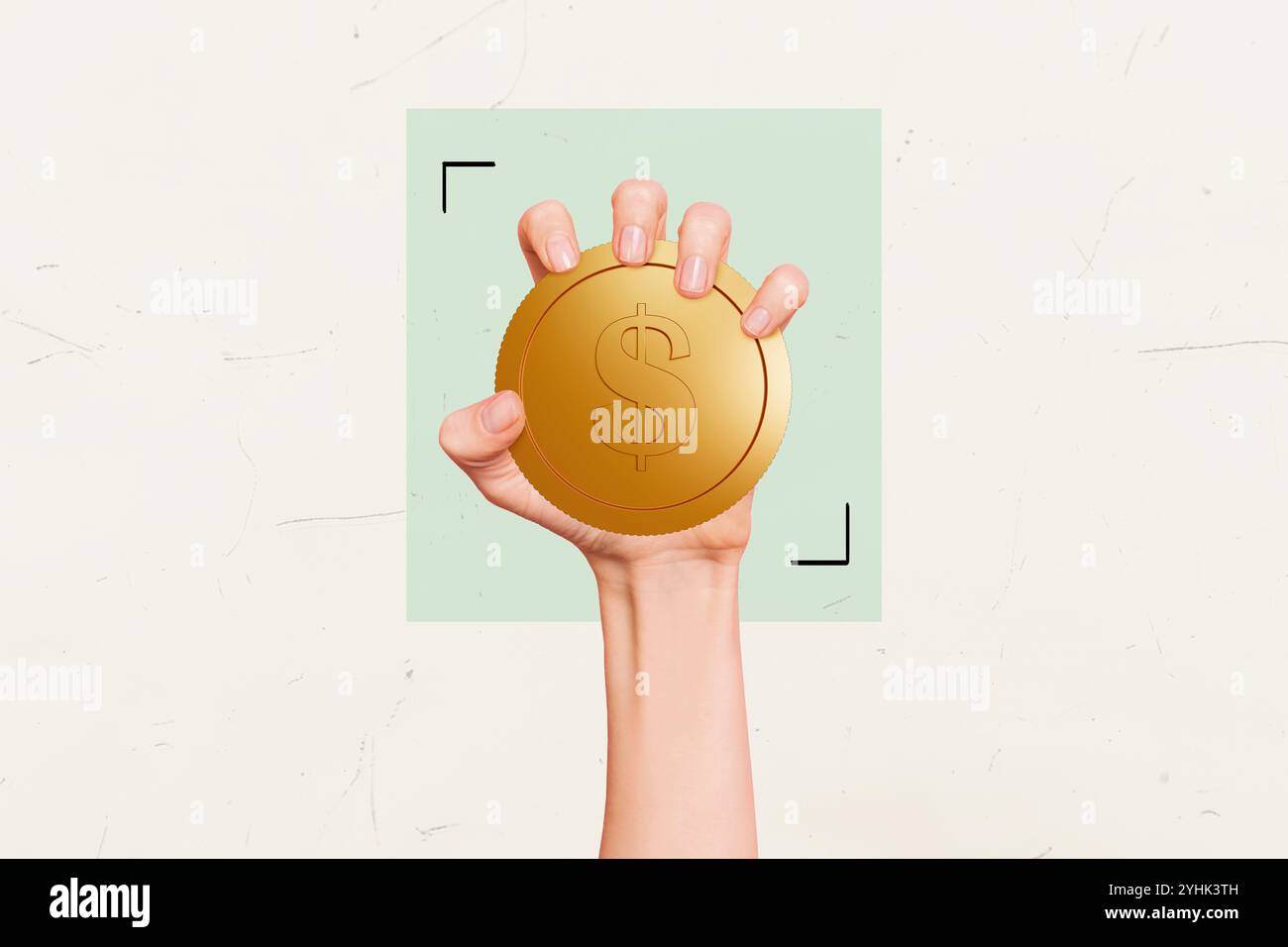 Creative illustration collage arm grab golden token financial ...