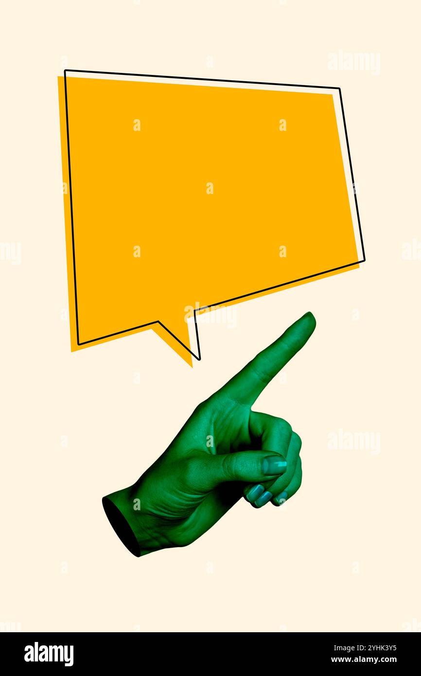 Vertical photo collage of hand point index finger bubble notification ...