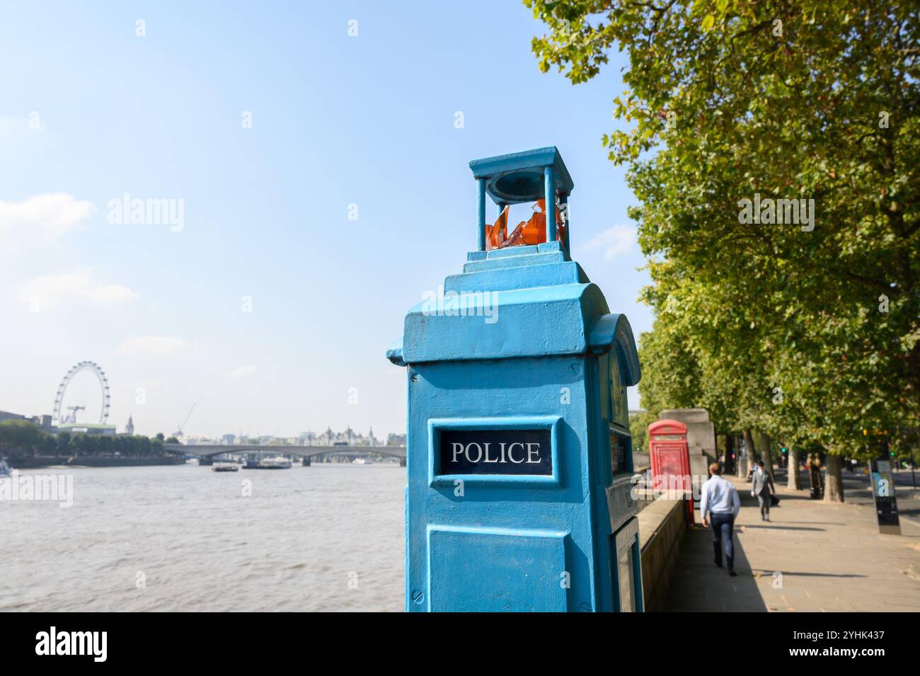 London, UK. 1920s Police telephone post on the Victoria Embankment ...