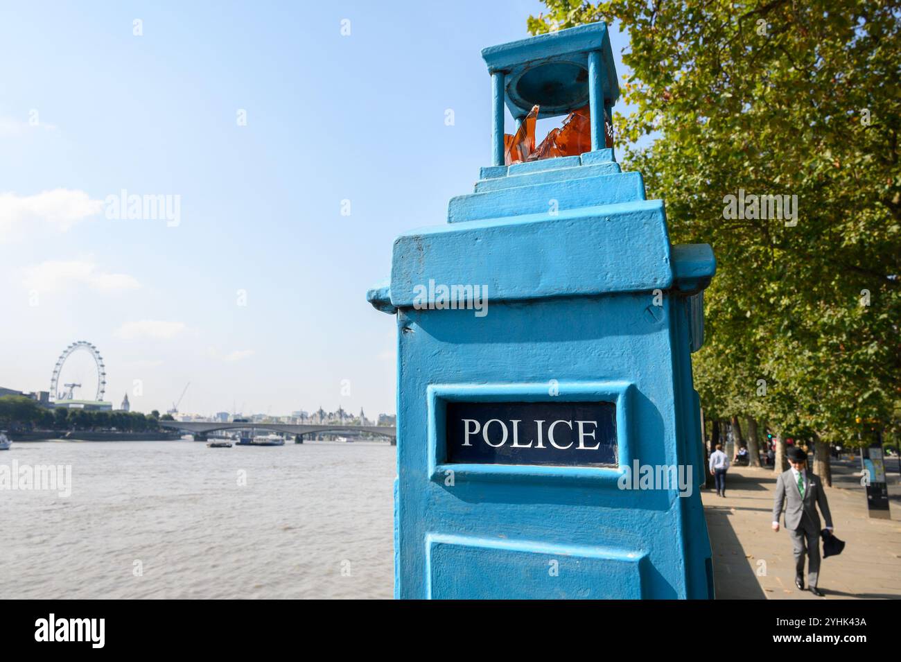 London, UK. 1920s Police telephone post on the Victoria Embankment ...