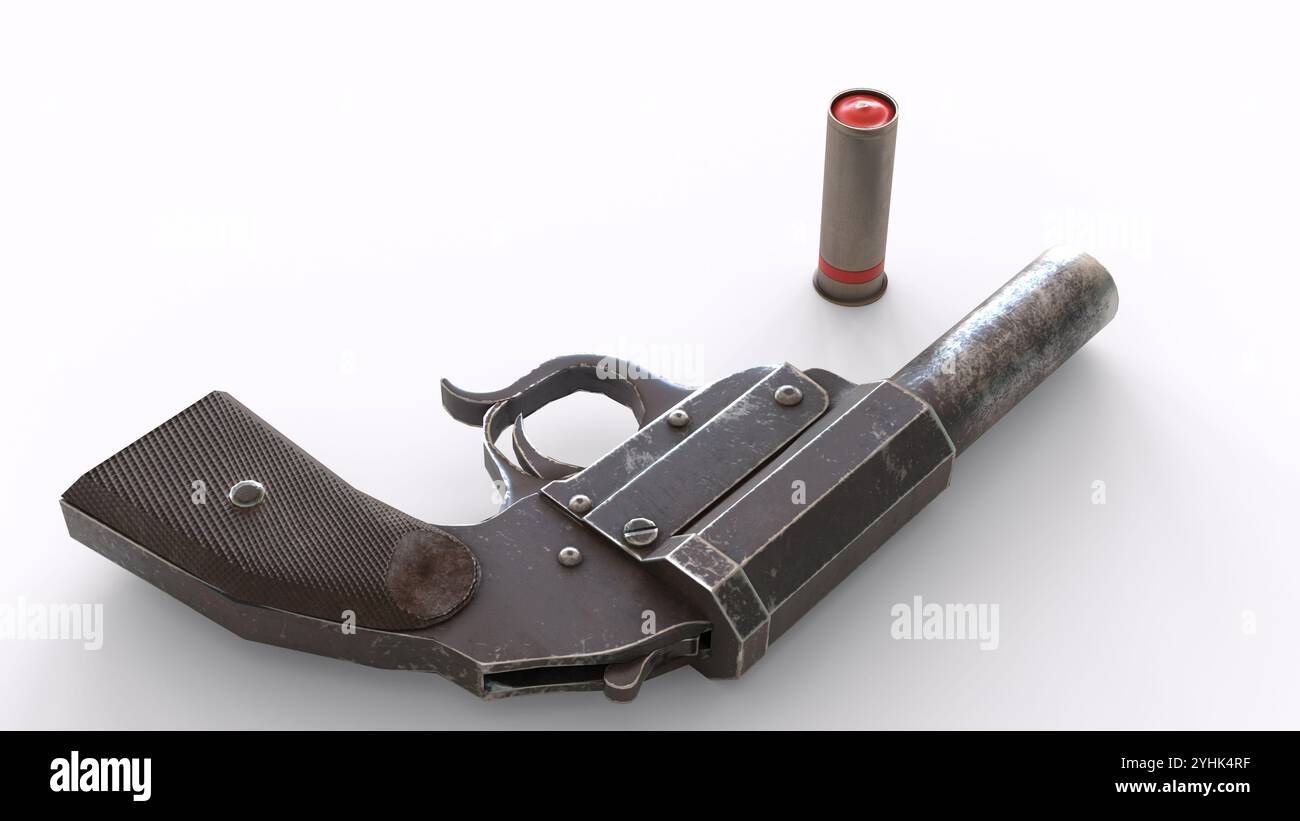 signal gun and ammo with white background Stock Photo - Alamy