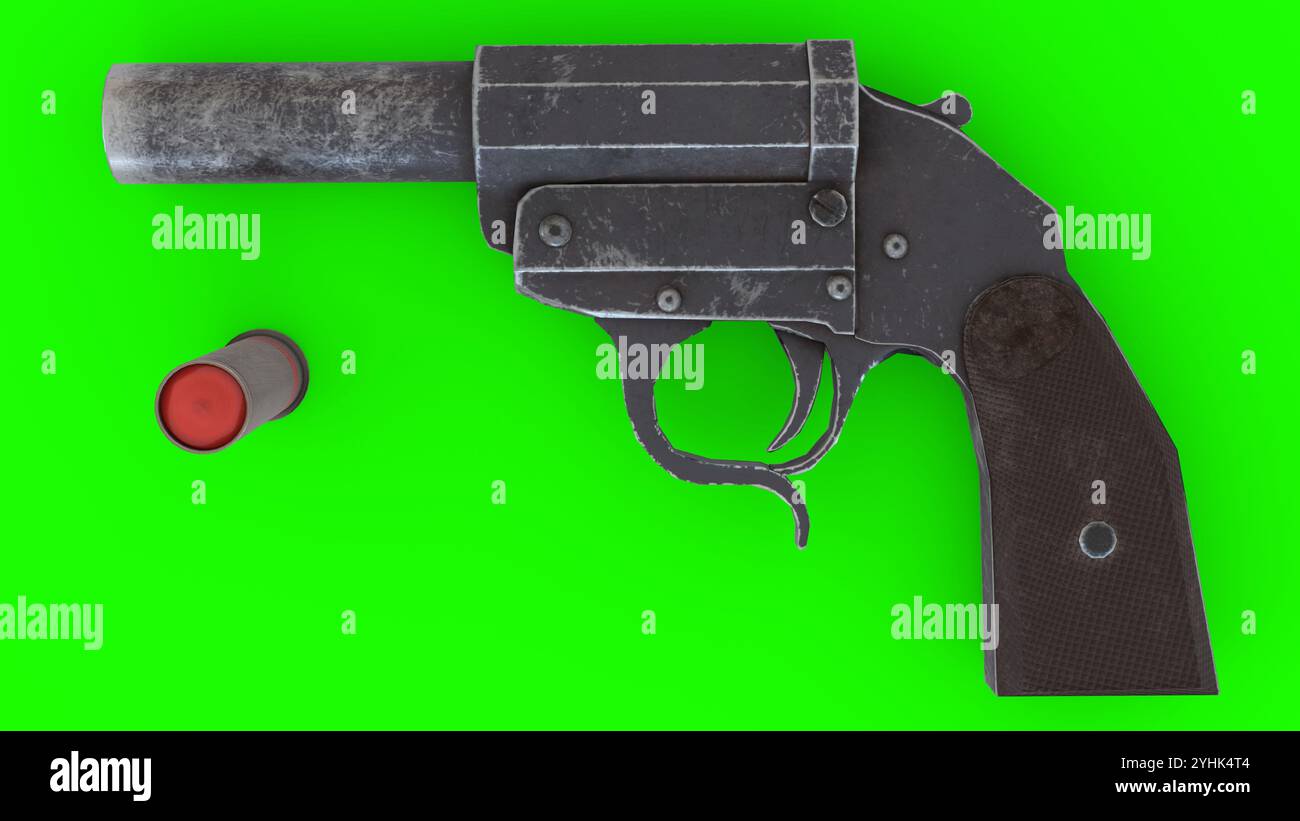 signal gun and ammo with green background Stock Photo - Alamy