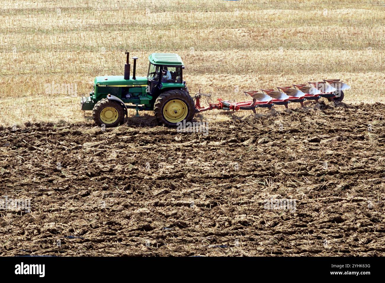 Aerial view of ploughing after rapeseed harvest with a 6-share ...