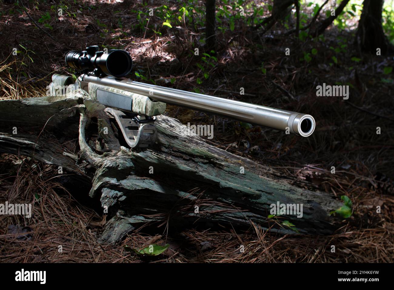 Modern inline muzzle loading rifle and optic in a thick forest in the ...