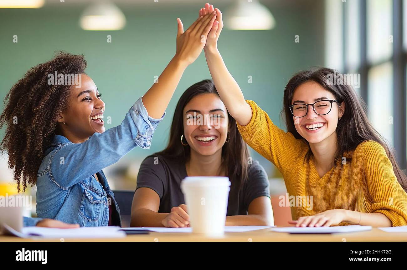 Three young women are smiling and high-fiving each other in a classroom ...