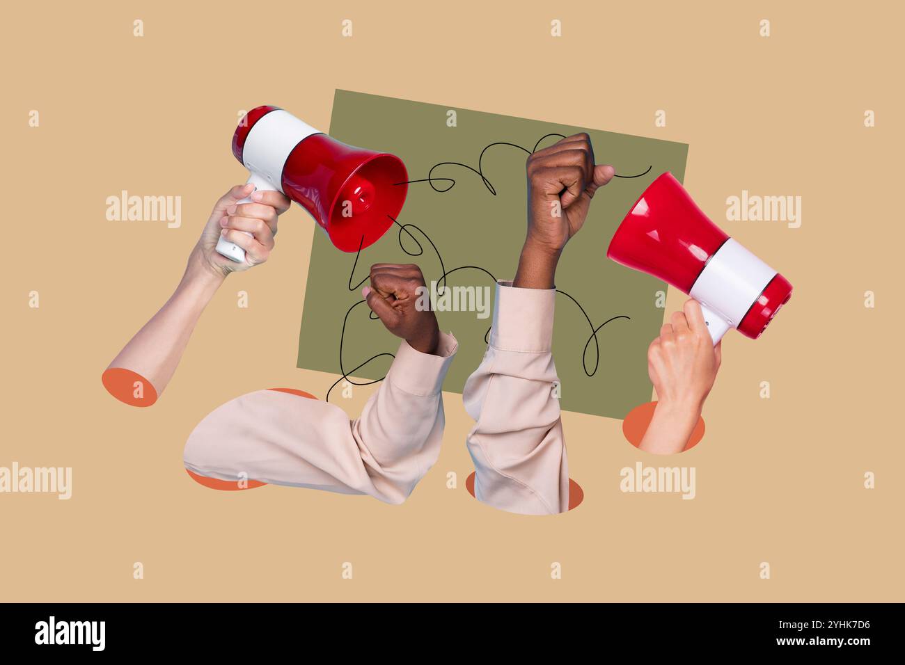 Creative photo collage hands body fragments loudspeaker bullhorn ...