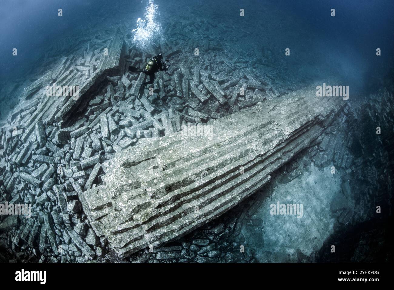 Volcanic underwater bottoms. The image shows true collapsed underwater ...