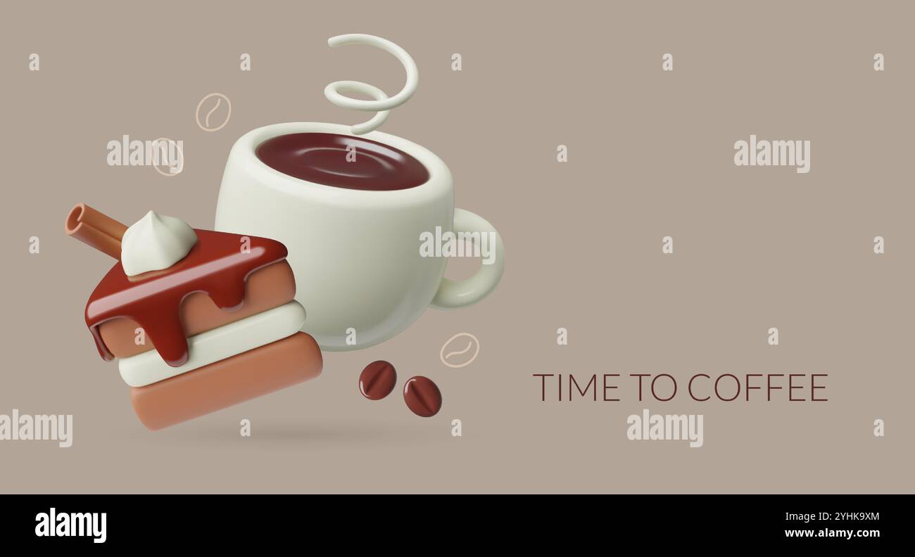 3d coffee break banner with cup of black coffee and chocolate cake ...
