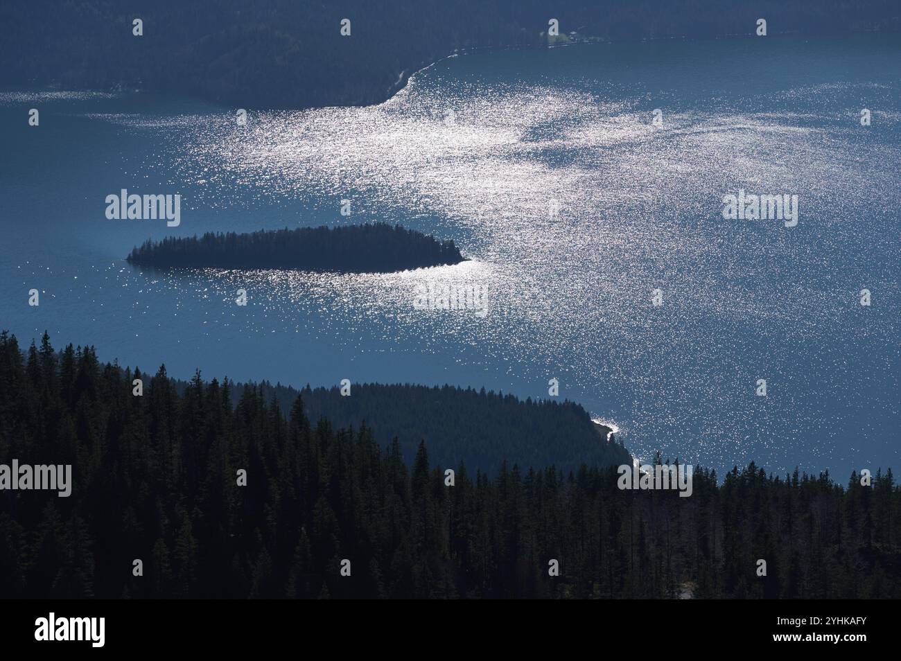 Walchensee with Sassau Island, Walchensee, Kochel Mountains, Bavarian ...