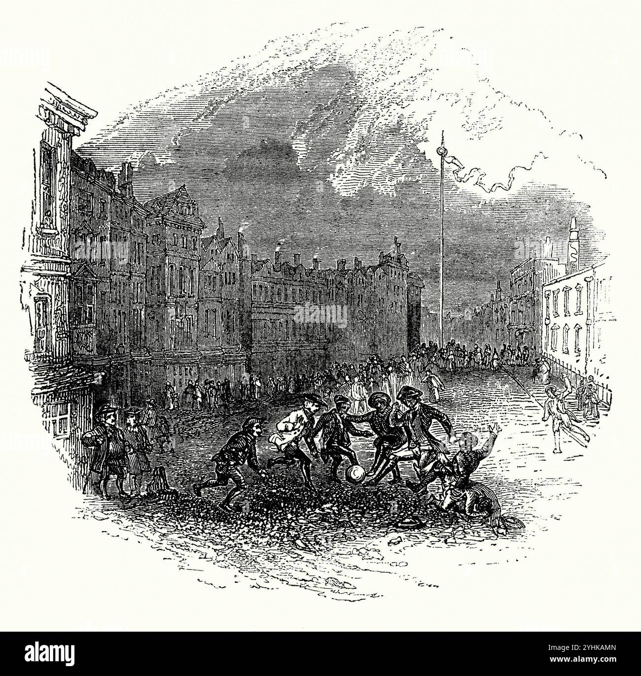 Early football played in the Strand, London, England, UK – an old ...