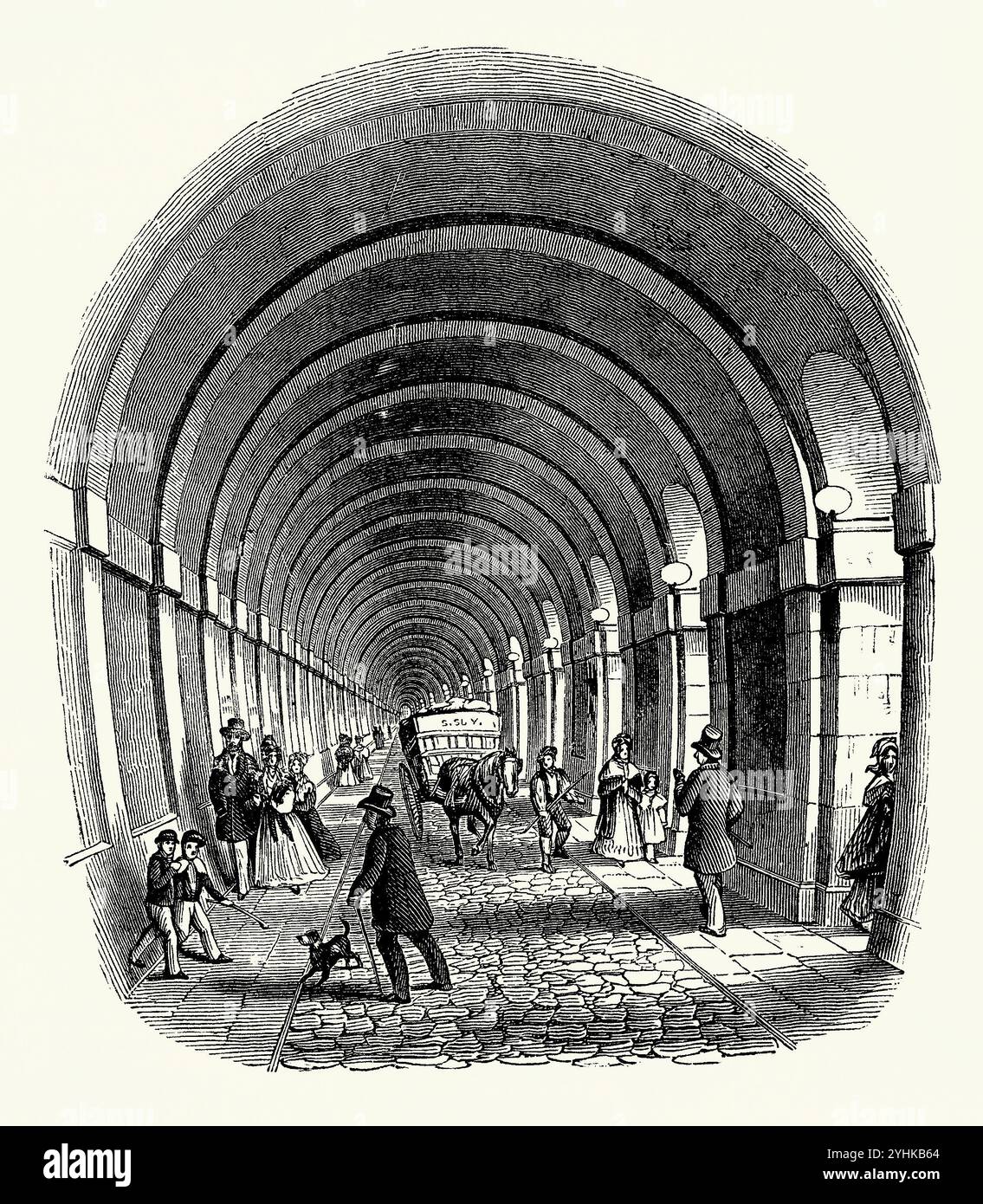 The Thames Tunnel – an old engraving c.1850. The tunnel is beneath the ...