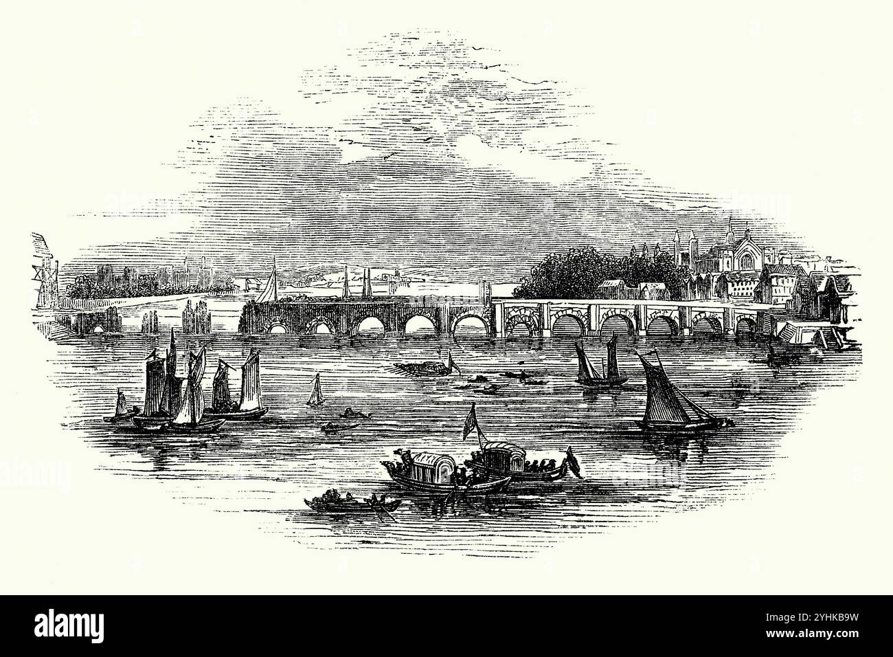An old engraving showing the construction of Westminster Bridge over ...