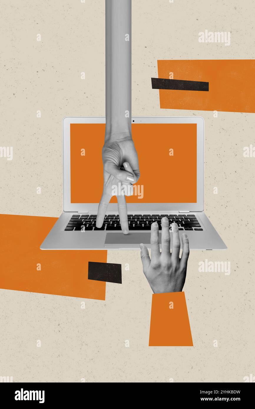 Vertical photo collage of hands touch laptop device type keypad two ...