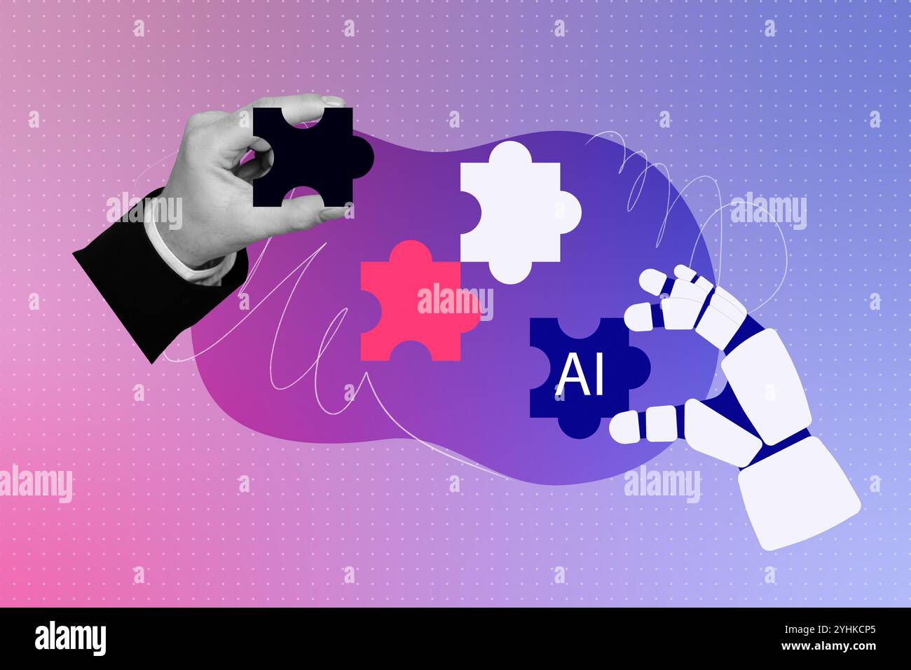 Composite photo collage of human hand hold puzzle part ai robotic arm ...