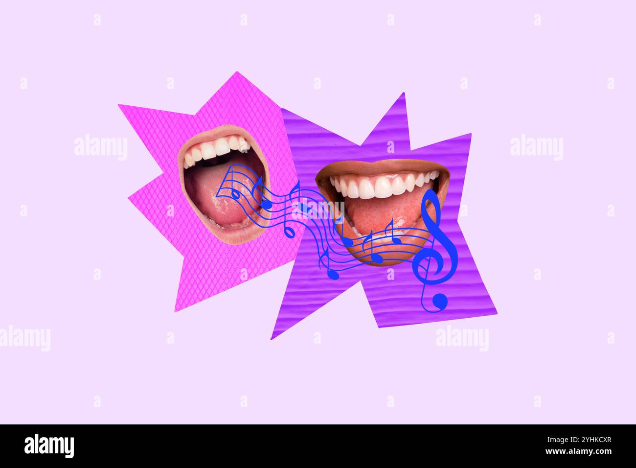 Composite photo collage of two happy faceless mouth sing music note ...