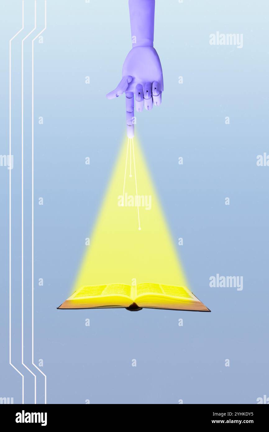 Vertical photo collage of robot hand point light ray enlightenment beam ...